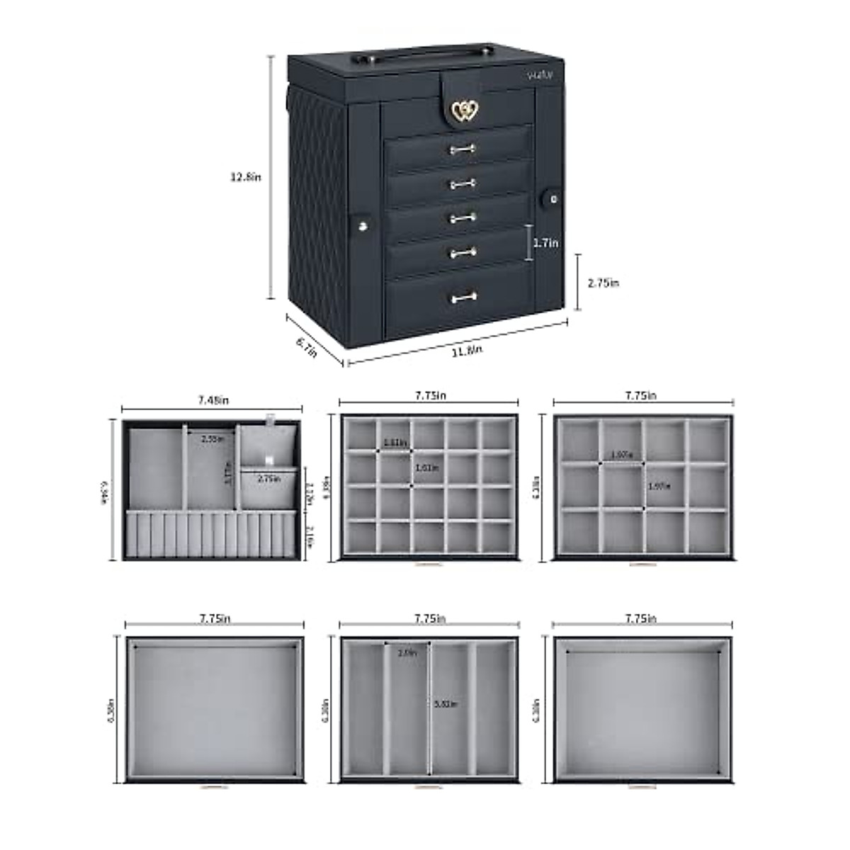 V-LAFUY Large Jewelry Organizer Box Black Jewelry Box, Large Jewelry Organizers Jewelry Boxes for Women to Storage Earrings Rings Necklaces Bracelets, Best Gift for Valentine's Day, Black