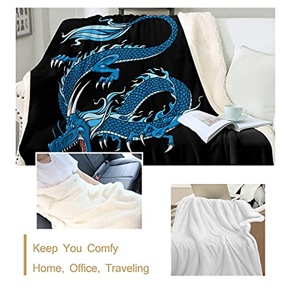 Sleepwish Traditional Fluffy Microfiber Fleece Throw Blue Chinese Dragon Sherpa Throw Blanket Throw(50"x60") Super Soft Reversible Ultra Luxurious Plush Blanket
