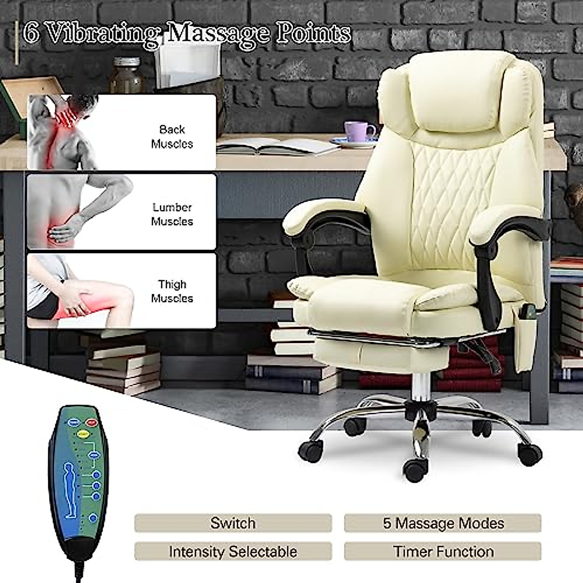 ONPNO Ergonomic Office Chair with Massager, Heated Office Chair Reclining Massage Desk Chair, Home Office Desk Chair w/Foot Rest, Padded Armrest, Height Adjustable Swivel Work Chair (White)