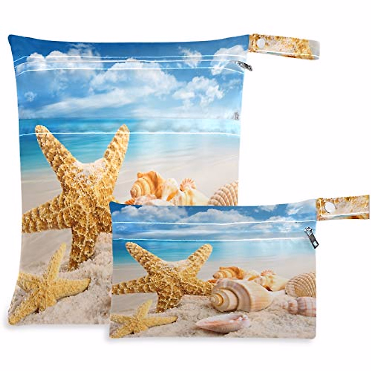 visesunny 2Pcs Wet Bag with Zippered Pockets Starfish Shell Washable Reusable Roomy Diaper Bag for Travel,Beach,Pool,Daycare,Stroller,Diapers,Dirty Gym Clothes, Wet Swimsuits, Toiletries