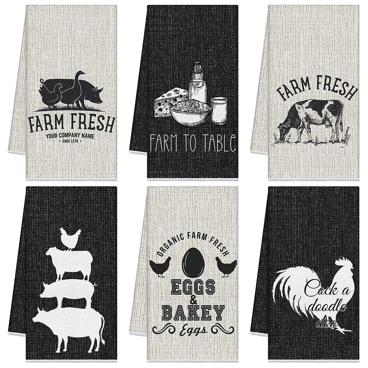 Redbaker 6 Pcs Farm Animal Theme Kitchen Towels Farmhouse Funny Dish Towel Rustic Hand Towels Rooster Cow Pig Decorative Tea Towels Absorbent with Hanging Loop for Kitchen Bathroom Housewarming Gift