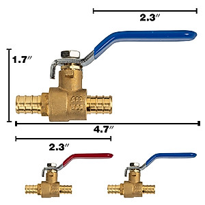 Hourleey 2 Pieces 1/2 Inch Pex Brass Full Port Shut Off Ball Valve HOT AND COLD, Quarter Turn HOT (RED) COLD (BLUE) of Brass Water Stop Shutt off, 1 Piece each
