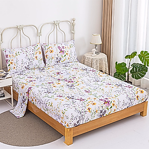 RYNGHIPY Cotton Floral Bed Sheet Set Full Size Botanical Flowers Print Girls Bedding Shabby Garden Floral Bed Sheets
