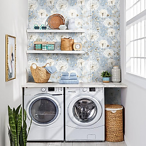 Nukofal Floral Peel and Stick Wallpaper Dandelion Floral Wallpaper Peel and Stick 15.7 inch x 118.1 inch Flower Wallpaper Blue/Gray/White Self Adhesive Removable Contact Paper for Cabinets Decor