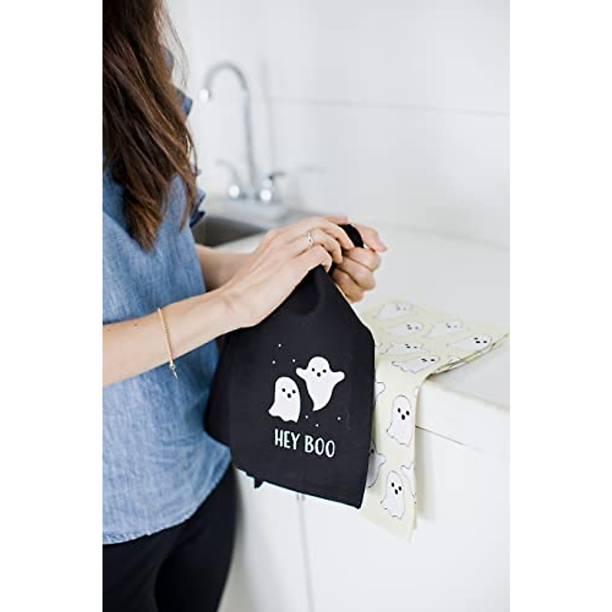 Pearhead Holiday Decor, Kitchen Tea Fall Home Décor, Set of 2, Ghost Dish Towels