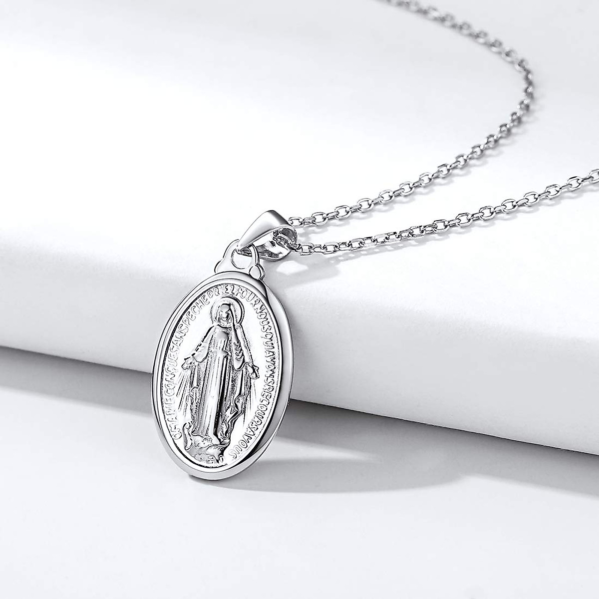 Nofade Silver Virgin Mary Necklace for Women Men 925 Sterling Silver Oval Pendant Necklace Catholic Religious Christian Jewelry