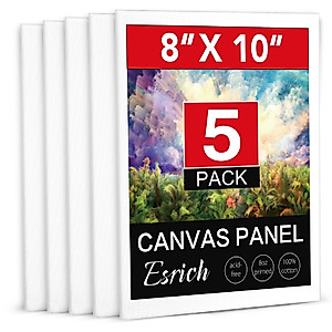 ESRICH Canvas Boards for Painting, 5 Pack Canvases for Painting 8x10 Cotton Primed Acid Free Blank Canvas Panels for Oil Paint, Watercolor, Acrylic Paint, Gouache and Tempera.