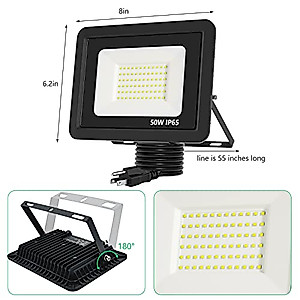 UNUSROOM 2 Pack 50W LED Flood Light Outdoor, 7000LM LED Work Lights,6500K Outdoor Floodlights, IP65 Waterproof,Plug in Flood Light, 6500K Daylight White Plug in Security Light for Yard Lawn Garden
