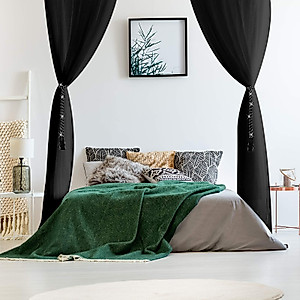 4 Corner Post Mosquito Net Canopy Bed Curtains Large Mosquito Netting Bedroom Princess Decoration Canopy Curtains with 4 Pieces Tassel Hanging Pendants for Full Queen King Size Bed (Black)