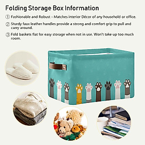 Kigai Foldable Rectangular Storage Baskets - Fabric Shelves Storage Bins with Leather Handles for Organizing Closet Clothes, Toys, Towels, Bedroom, Bathroom, Nursery, Office (Cute Cat Paws,2 PCS)