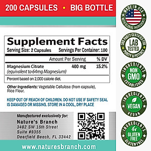Magnesium Citrate 400mg - 200 Capsules - High Potency for Sleep, Leg Cramps, Extra Strength Absorption, Easy to Swallow Pills for Women & Men, Vegan Supplement Not Tablets - Made in USA