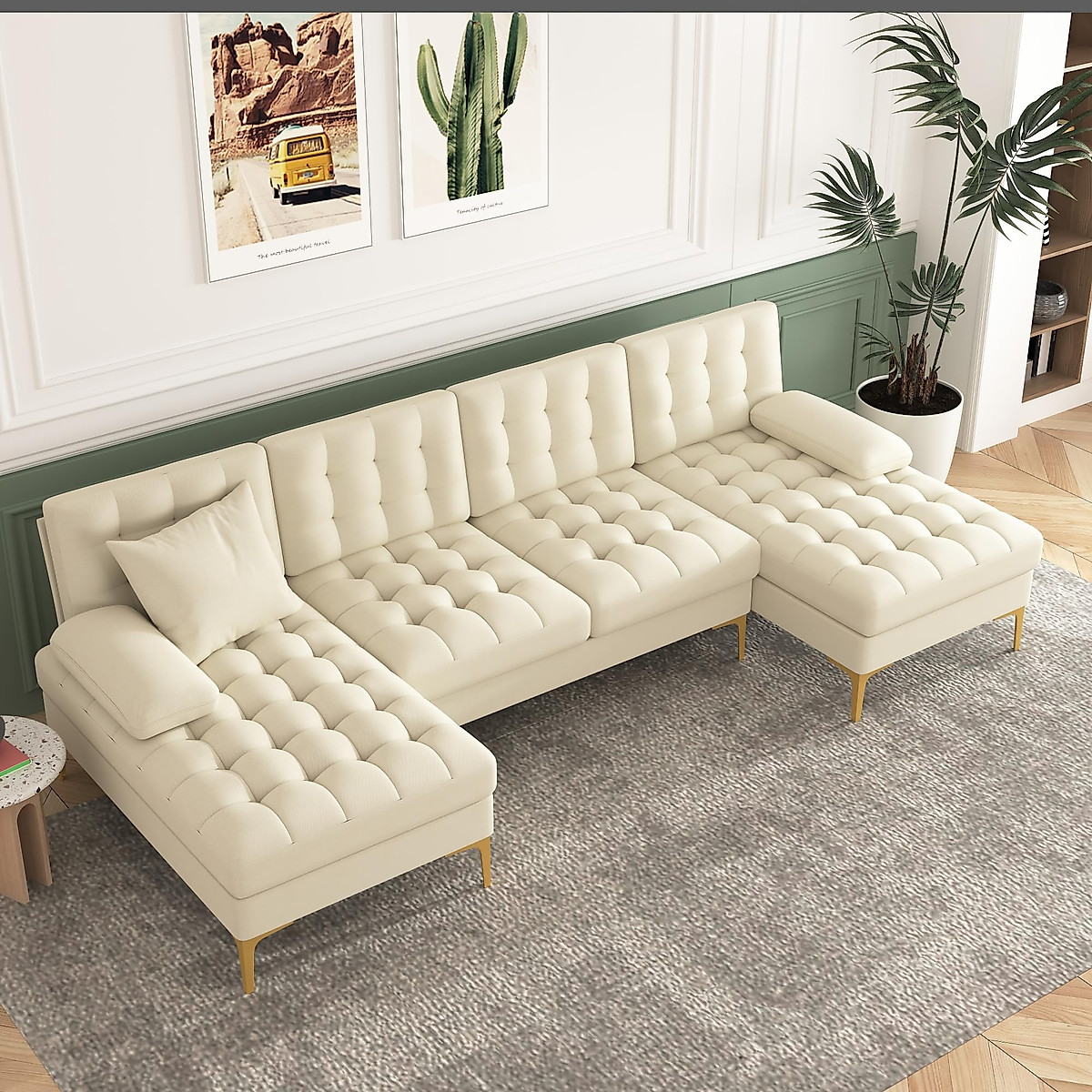 VERYKE U Shape Sectional Sofa Couch,Modern 110'' Linen Button Tufted Sectional Couch Sofa, Upholstered Sofa Bed with Metal Legs for Living Room