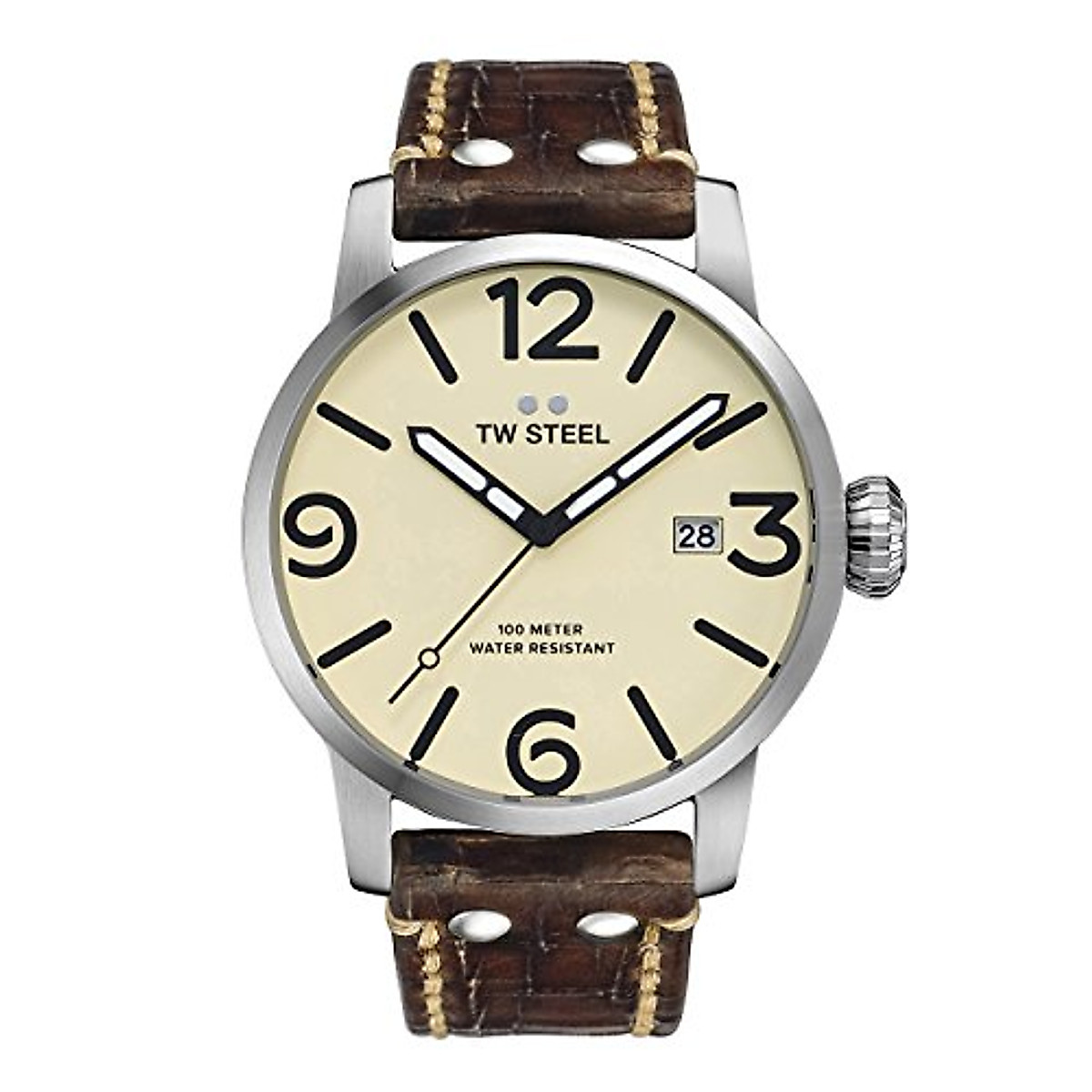 TW Steel Men's Maverick Stainless Steel Quartz Watch with Leather Calfskin Strap, Brown, 22 (Model: MS2)