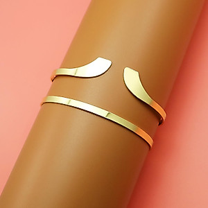 RechicGu 2 Pieces Minimalist Egyptian Bar Curve Upper Arm Cuff Bracelet Bangle Band Open Armband Armlet Jewelry Set Belly Dance Accessories Gold