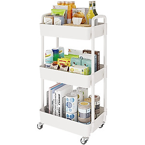 Laiensia 3-Tier Storage Cart,Multifunction Kitchen Storage Organizer,Mobile Shelving Unit Utility Rolling Cart with Lockable Wheels for Bathroom,Laundry,Living Room,With Classified Stickers,White