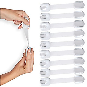 Child Safety Strap Locks (10 Pack) Baby Locks for Cabinets and Drawers, Toilet, Fridge & More. 3M Adhesive Pads. Easy Installation, No Drilling Required, White/Gray