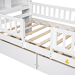 OPTOUGH Twin Size House-Shaped Storage Headboard Bed,Wooden Bedframe with Full Length Fence Guardrails and Drawers for Kids Teens,No Spring Box Needed,White