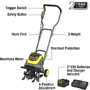 PowerSmart 40V 12" Cordless Tiller/Cultivator, Two 20V 4.0Ah Battery and Charger Included