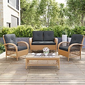 UPHA Patio Outdoor Furniture Set, Beige PE Rattan Patio Conversation Sets, 4 Pieces Wicker Patio Set with Loveseat, 2 Chairs, Coffee Table and Cushions for Backyard, Porch,Darkgrey