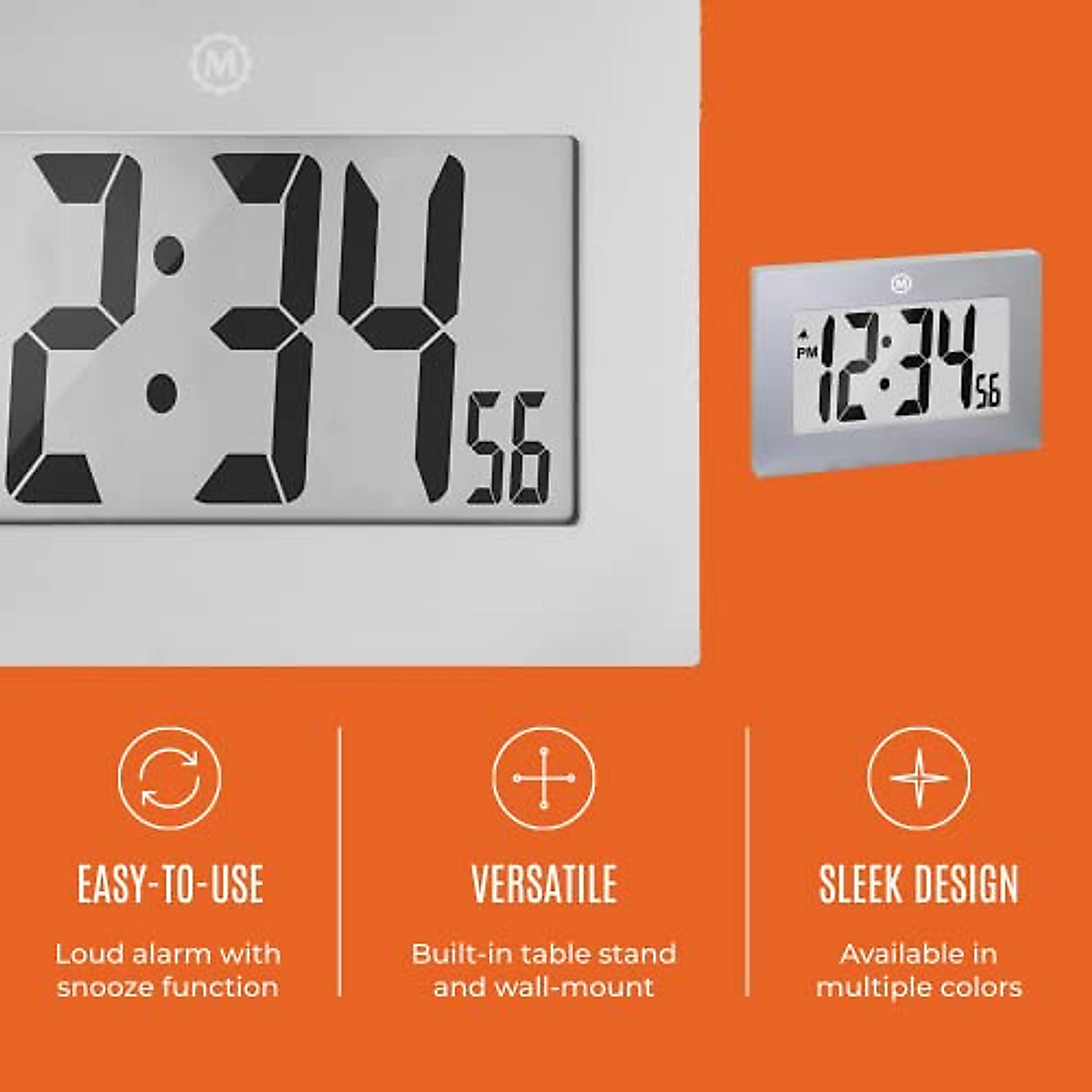 MARATHON Large Digital Wall Clock with 8” Display, Graphite Gray - Easy to Read