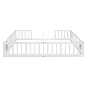 Mirightone Double Floor Bed Frames for Kids, Wood Montessori Bed with Fence Rails, Two Twin Bed Frames for Kids Boys Girls Children, White