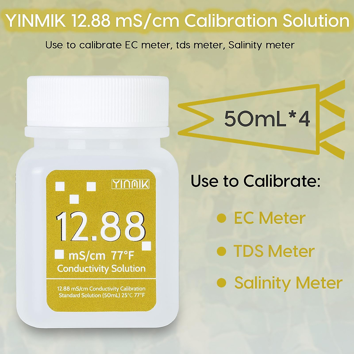 YINMIK 12.88 mS/cm Calibration Solution, Conductivity Salinity Calibration Fluid for Salinity Tester, EC Meter, TDS Meter, 7 in 1 Tester Standard Calibration, 4 Bottles of 50mL