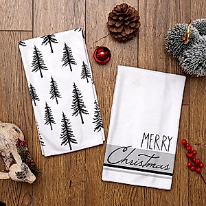 ARKENY Christmas Dish Towels for Christmas Decor Black Xmas Tree Kitchen Towels 18x26 Inch Grey Stripe Washcloths Seasonal Merry Christmas Hand Towel for Bathroom Set of 2 AD015