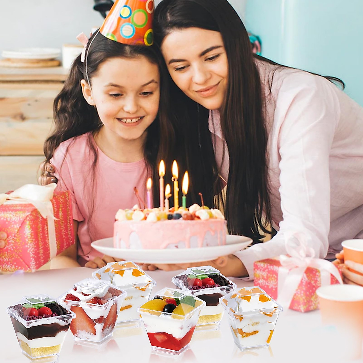 JOLLY CHEF 100 x 2 oz Mini Dessert Cups with Spoons and Lids, Square Tall Clear Plastic Parfait Appetizer Cup Small Serving Bowl for Party Desserts Appetizers