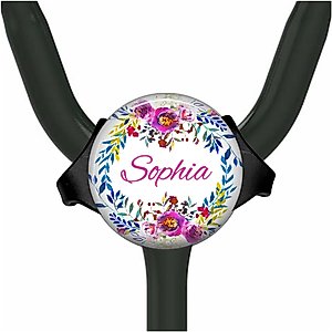Personalized Stethoscope Name Tag - Pink Floral Adjustable Yoke ID - You Choose Custom Fonts, Design Size and Decorative Frame