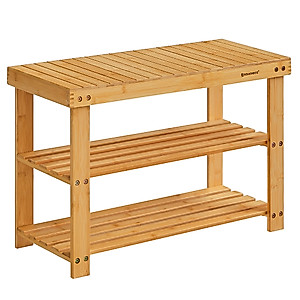 SONGMICS Shoe Rack Bench, 3-Tier Bamboo Shoe Storage Organizer, Entryway Bench, Holds Up to 286 lb, 11.3 x 27.6 x 17.8 Inches, for Entryway Bathroom Bedroom, Natural ULBS04N
