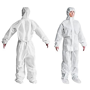AMZ White Disposable Coveralls With Hood, L. 5 Pack Hazmat Suits Disposable. 60 GSM SMS Disposable Painters Coveralls with Boots, Elastic Wrists. Waterproof Full Body Protective Suit For Hospital
