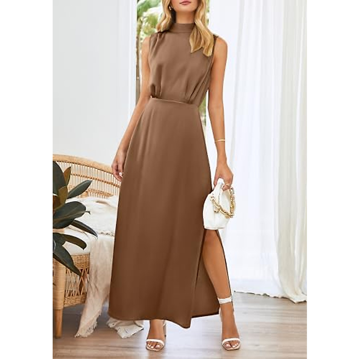 PRETTYGARDEN Women's Long Formal Satin Dress Mock Neck Sleeveless Side Slit Flowy Maxi Tank Dresses (Brown,Medium)