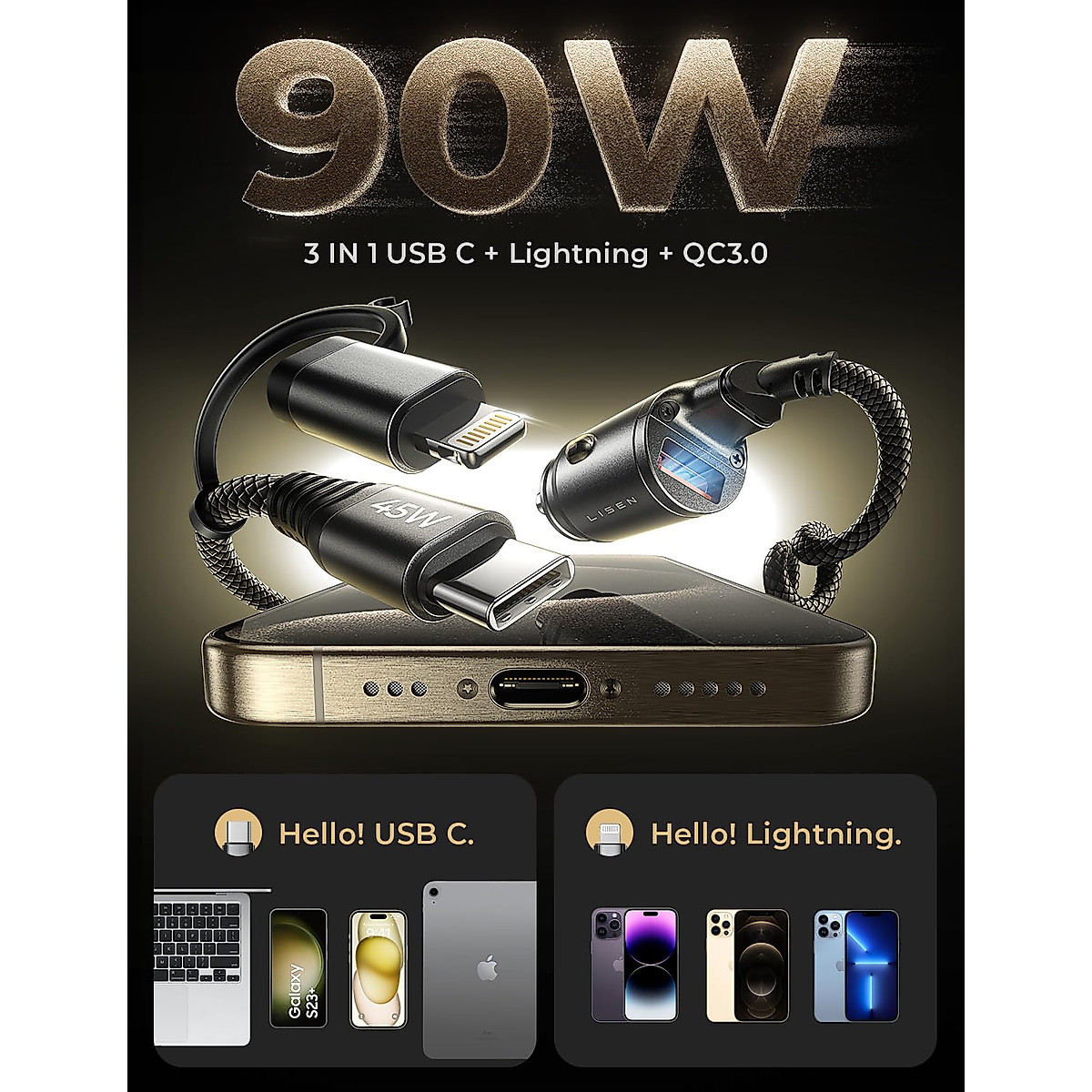 LISEN 90W iPhone 15 Car Charger, 45WPD+QC3.0 Fast Charging Cigarette Lighter USB Charger with 2-IN-1 Type C/Lightning Coiled Cable 5FT, Certified USB C Car Charger for iPhone 15 Pro Max 14/Samsung S23