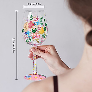 NymphFable Hand Painted Wildflowers Wine Glasses Birthday Wine Glass Birthday Gift for Women with Personalised Gift Box, 15oz