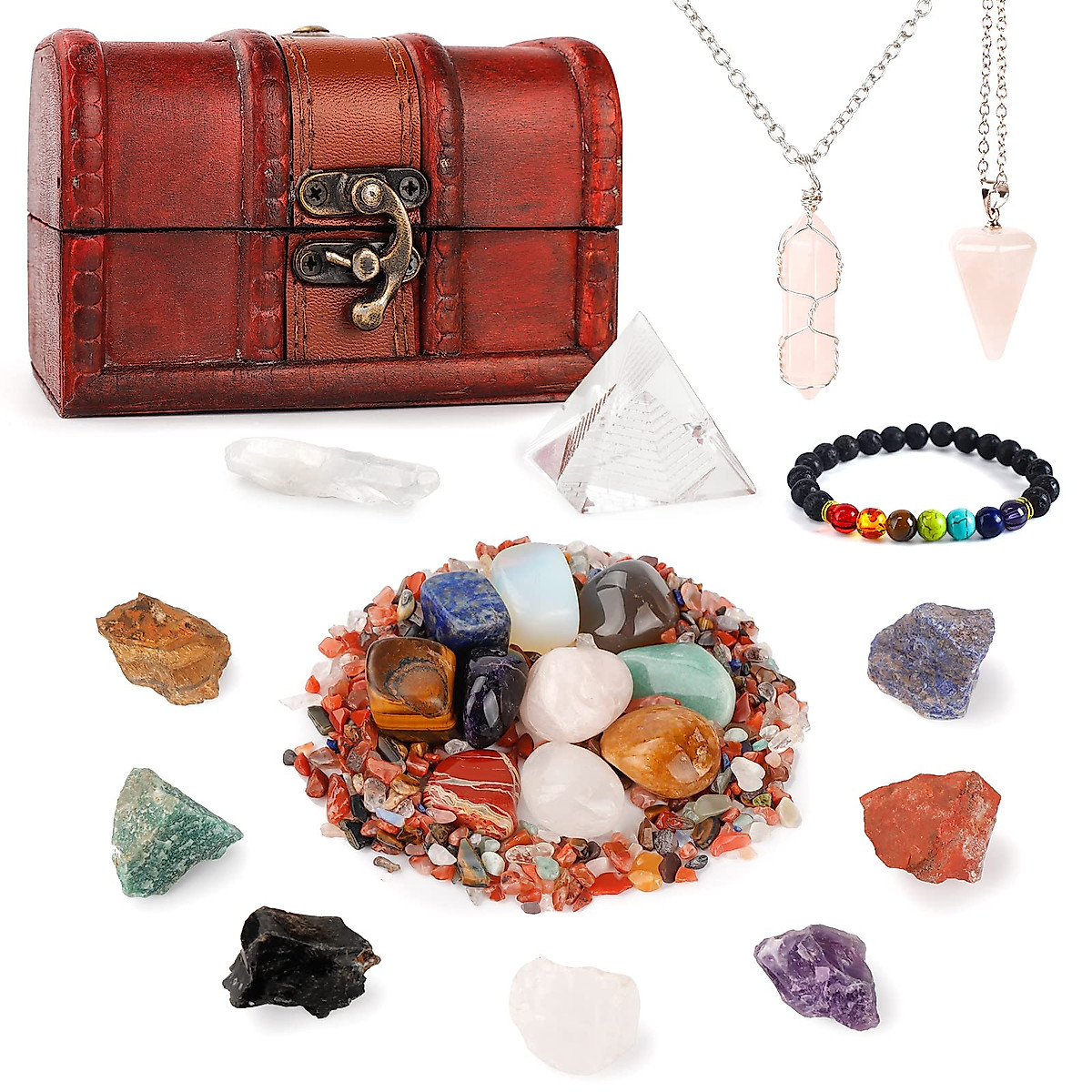24Pcs Crystals and Healing Stones Set Include 14 Healing Chakra Stones, Natural Quartz Pendulum, Spiritual Crystal Necklace, Gift Wooden Box for Meditation, Yoga, Collection, Girlfriend, Lady