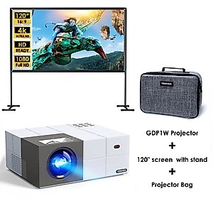YOWHICK GDP1W Projector, 120" Projector Screen with Stand and Projector Case Bundle