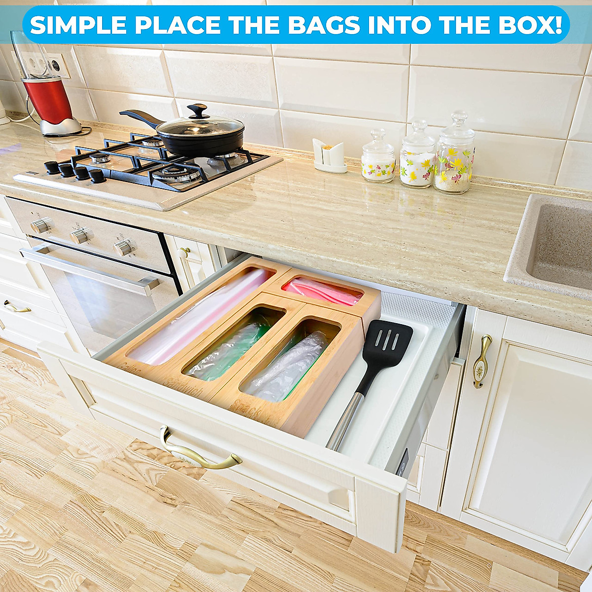 VerveMade Bamboo ziplock bag storage organizer - Premium kitchen drawer organizer- wooden baggie holder with larger quart size - Compatible with Gallon, quart, sandwich, and snack baggies.
