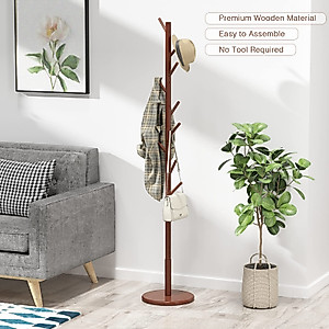 Wooden Coat Rack Freestanding Coat Tree with 4 Height Options and 9 Hooks, Sturdy Coat Rack Stand for Clothes/Bags/Hats, Easy Assemble Save Space for Entryway,Bedroom,Office,Narrow Place (Brown)