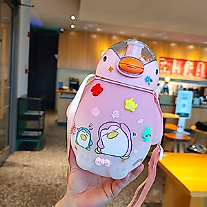 TEAUSA Girls Kawaii Water Bottle with Straw and Adjustable Shoulder Strap, 53oz Large Capacity Cute Water Bottles With 3D Kawaii Sticker for School, Office, Picnic, Camping, Hiking (Pink)