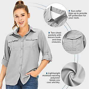 Women's Quick Dry Sun UV Protection Convertible Long Sleeve Safari Shirts for Hiking Camping Fishing Sailing#5070 Light grey,XL