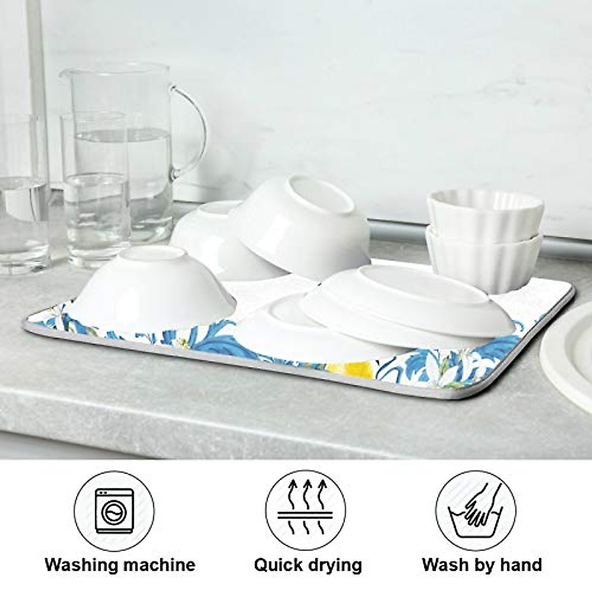 Tamniee Lemons Dish Drying Mat Yellow Blue Kitchen Dry Mats Decor Absorbent Baby Bottle Pad for Home Counter Drainer Countertops, 16x18in (g69531602p523c558s1113)