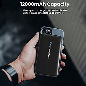 TECHSMARTER 12000mAh 18W USB-C PD Wireless Power Bank with Anti-Slip Suction Cups. Portable Charger Compatible with iPhone 15, 14, 13, 12, 11, SE 2020, X, XR, XS, Samsung S23, S22, S21, S20, S10, S9