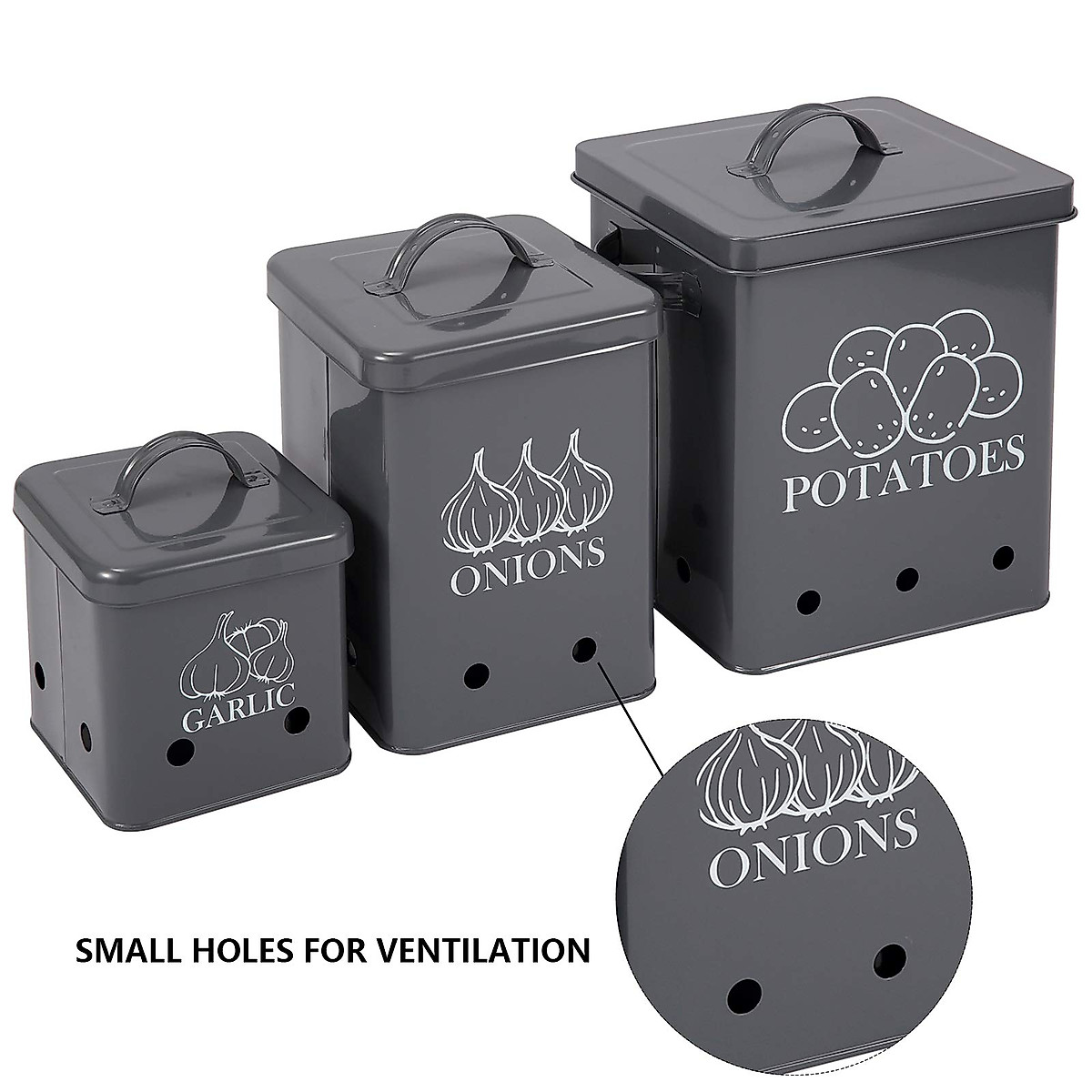 Xbopetda Food Storage Container for Potato, Onion and Garlic, Canister Sets for Kitchen Counter, Square Vegeatable Storage Pots, Kitchen Storage Jars with Aerating Tin Storage Holes & Lid-Gray
