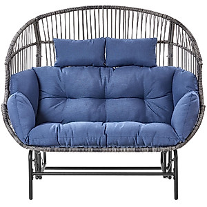 Belord Double Egg Chair Outdoor Glider Loveseat, 550LBS Weight Capacity Wicker Patio Rocking Egg Chairs, Handwoven Rattan Porch Furniture Glider Loveseat for Patio Deck Balcony Sunroom