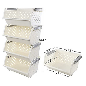 Waikhomes 4-Pack White Large Stacking Basket, Plastic Stackable Detachable Storage Organizer Bin