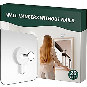 Picture Hangers Without Nails, A Set of 20 Adhesive Wall Hooks,No Damage Wall Hooks for Hanging on Kitchen,Bathroom,Bedroom and Office, Single Wall Hangers Holding up to 13 lbs