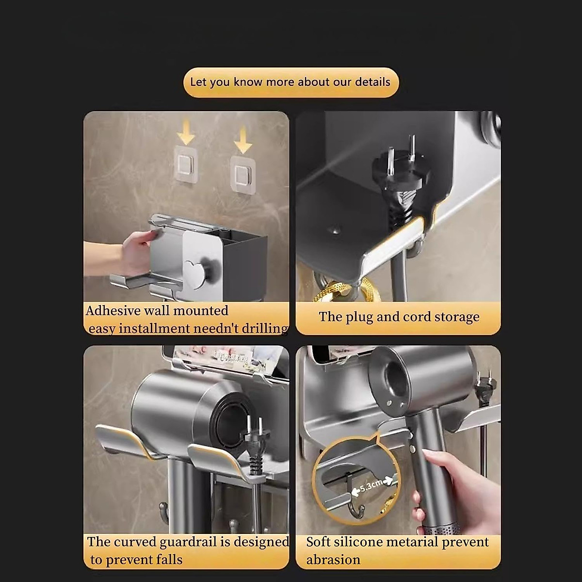 PIANYEATS Adhesive Hands Free Wall Mounted No Drilling Blow Hair Dryer Holder Stand Rack Frame Hanger Shelf Hook toll Organizer Storage for Bathroom