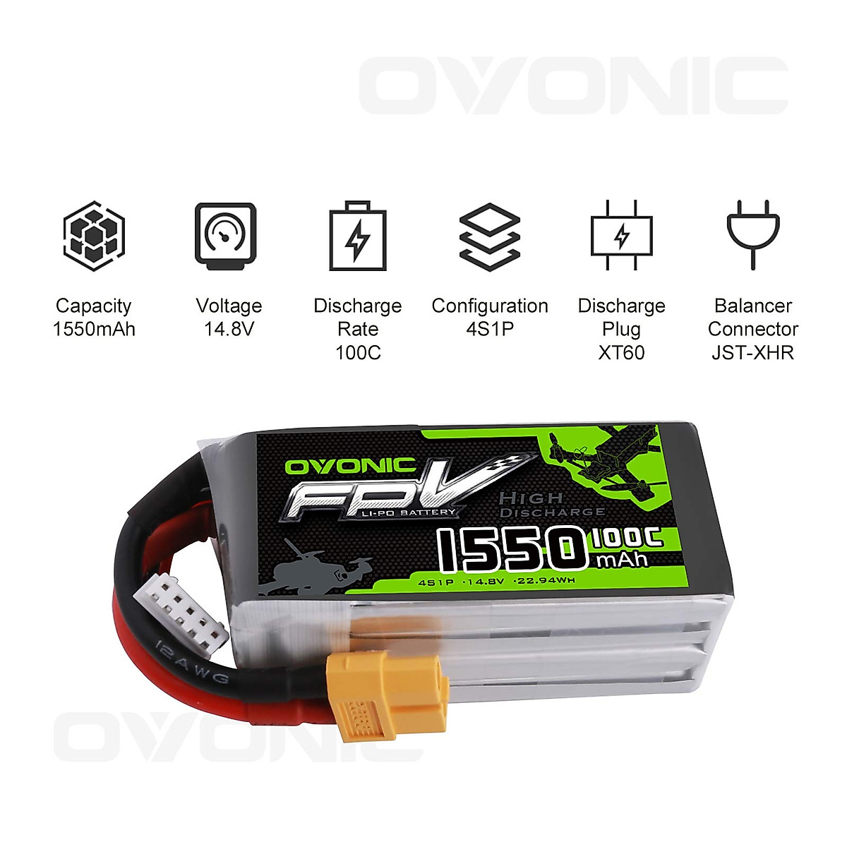 OVONIC 4S Lipo Battery 1550mAh 100C 14.8V Lipo with XT60 Plug for FPV Racing RC Quadcopter Helicopter Airplane Multi-Motor Hobby DIY Parts