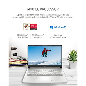 HP 14 Laptop, AMD Athlon Gold 3150U, 4 GB RAM, 128 GB SSD Storage, 14-inch HD Display, Windows 10 in S Mode, Long Battery Life, Webcam with Dual Mics, Thin & Light Design (14-fq0090nr, 2021)