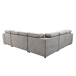 Eafurn 125'' U-Shaped Sectional Sleeper Right Storage Chaise Lounge and Pull Out Bed, 7-Seater Tufted Seat Oversized Sofa & Couches with Adjustable Headrest for Living Room, Light Gray